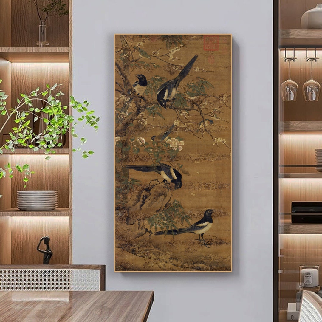 Four Magpies Art, Auspicious Chinese Ancient Bird and Flower Painting ...