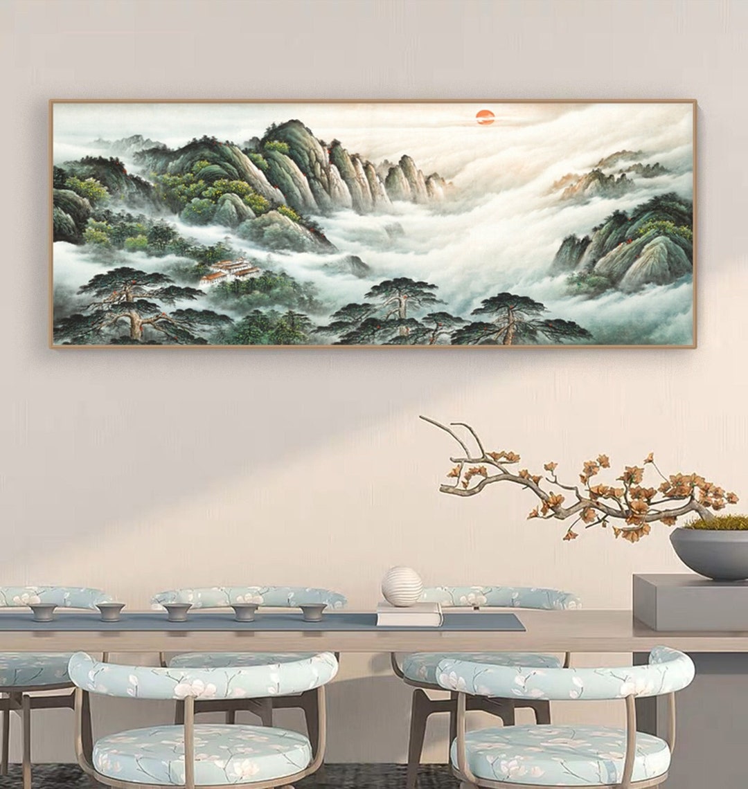 Green Mountains and Red Sun, Dwelling in Mountain Peaks, Chinese Feng ...