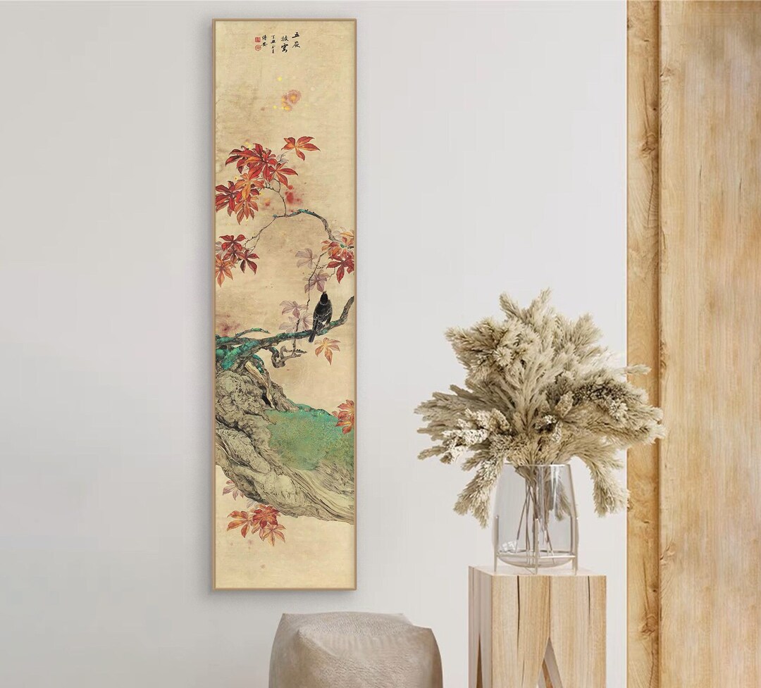 Red Maple and Bird, Long Screen Silk Hanging Scroll of Chinese Bird and ...