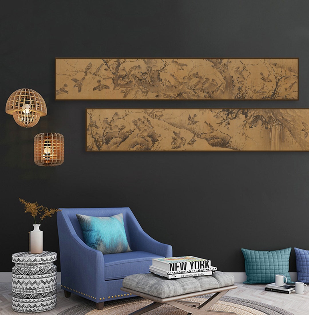 Extra Wide Narrow East Asian Art, Sparrows Brush Painting, Sparrows in ...