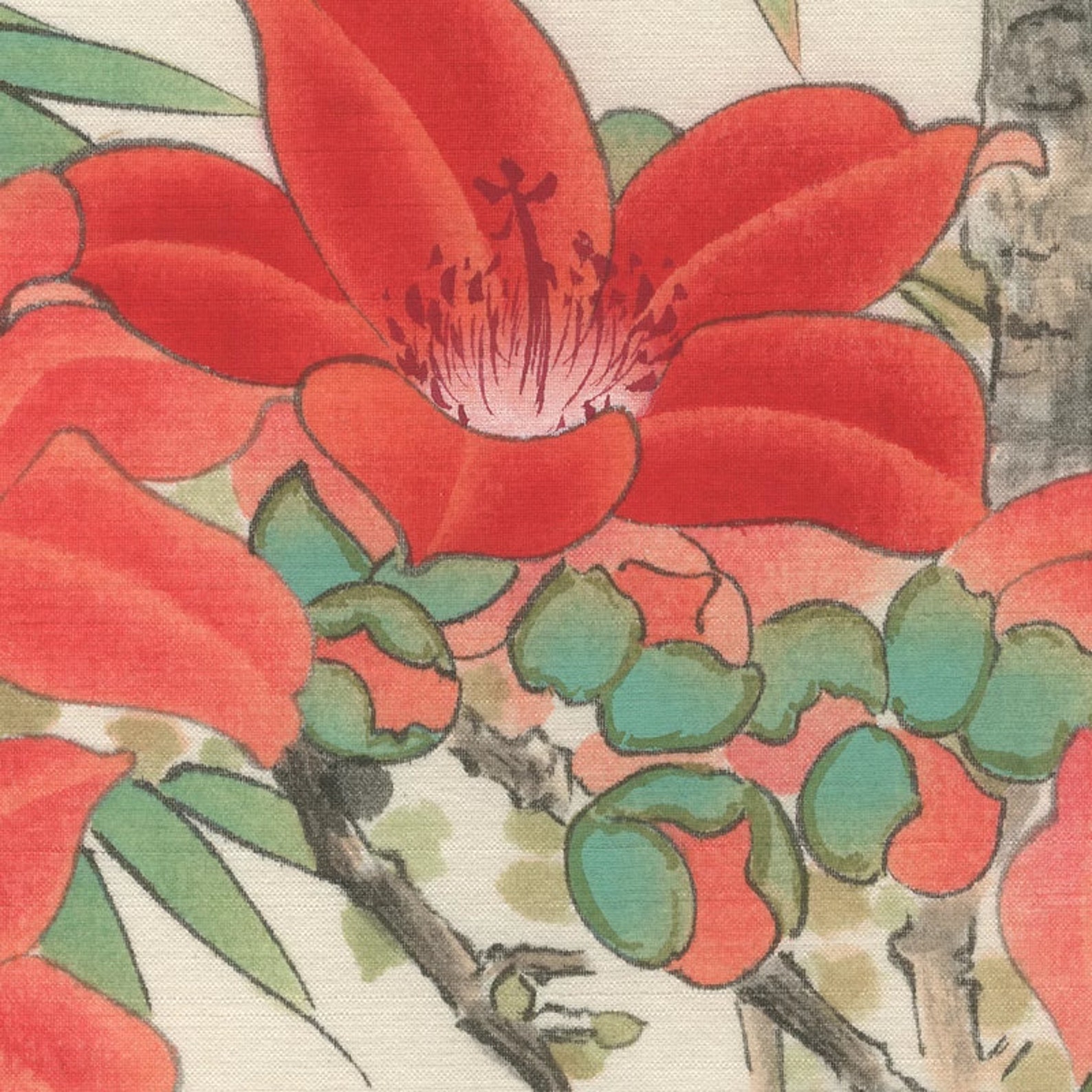 Red Azalea Blossoms and Little Blue Birds, Chinese Traditional Gongbi ...