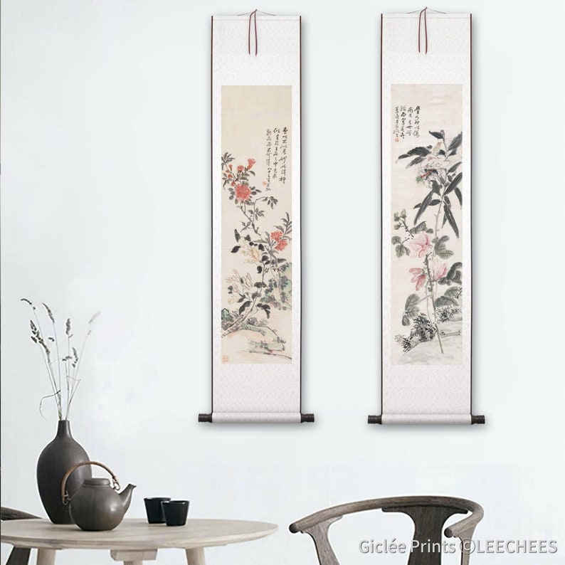Classic Long Slender Vertical Chinese Style Botanic Painting, Long ...
