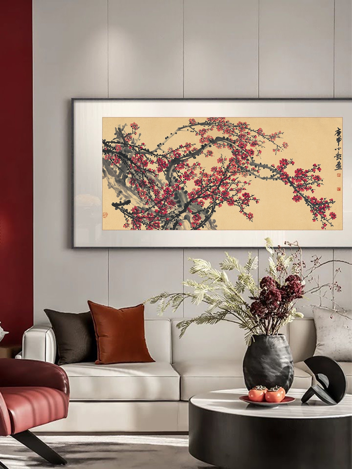 Passionate Full Bloomed Red Plum on Vintage Color Paper, Chinese Red ...