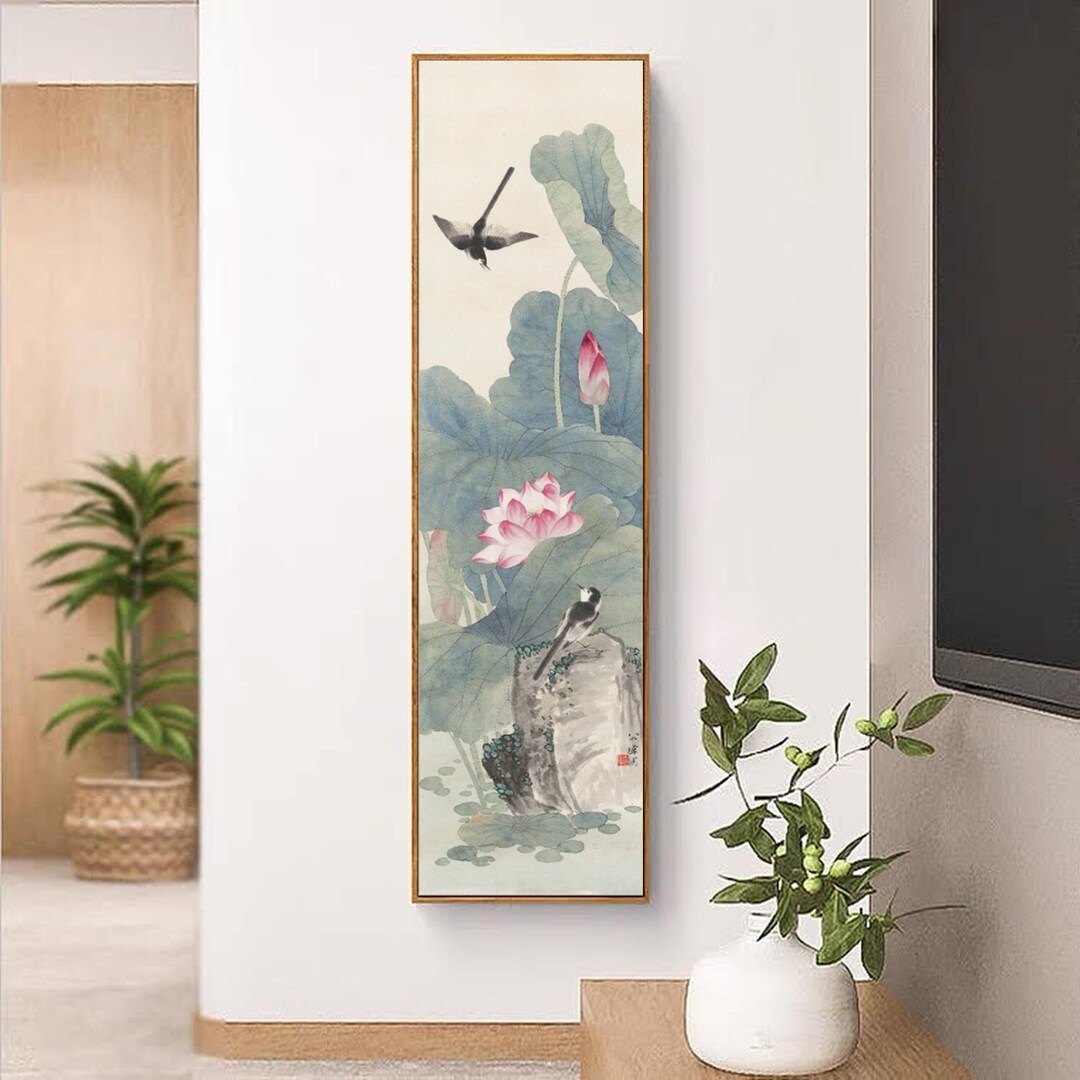 Elegant Lotus Art, Vertical Narrow Silk Hanging Scroll, Lotus Brush ...