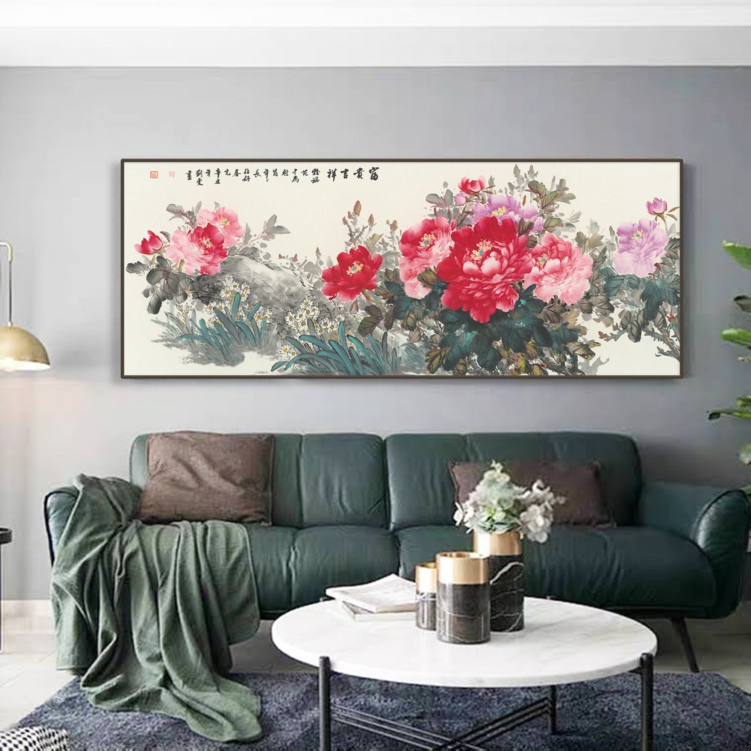 Large Scale Wide Horizontal Red Peonies Brush Painting Art Replica ...