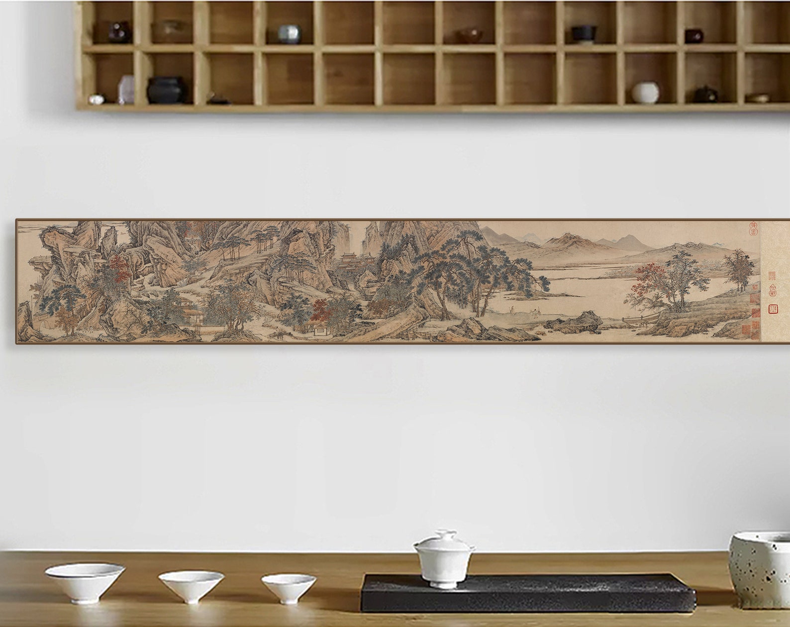 Long Horizontal Chinese Landscape Wall Art, Retro Style Wide Mountains ...