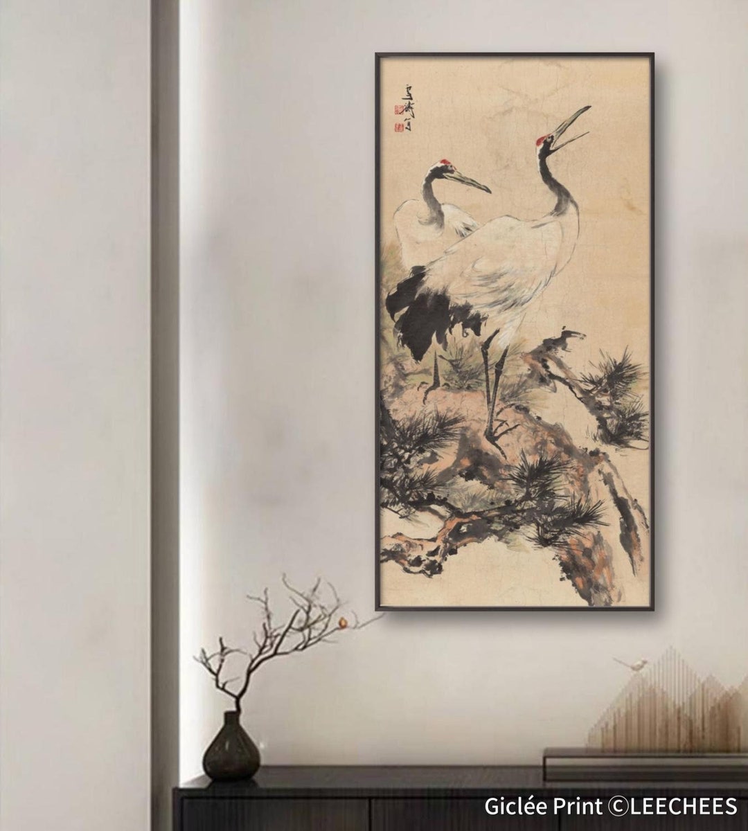 Minimal Chinese Crane Art, Red Crowned Crane Brush Painting, Xieyi ...