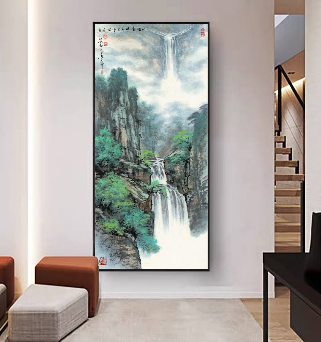 Rainforest Mountains and Waterfalls Art, Large Vertical Shan Shui Brush ...