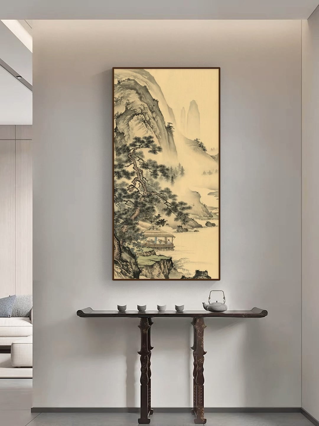 Poetic Chinese Literati Landscape Painting, Vintage Retro Handmade Silk ...