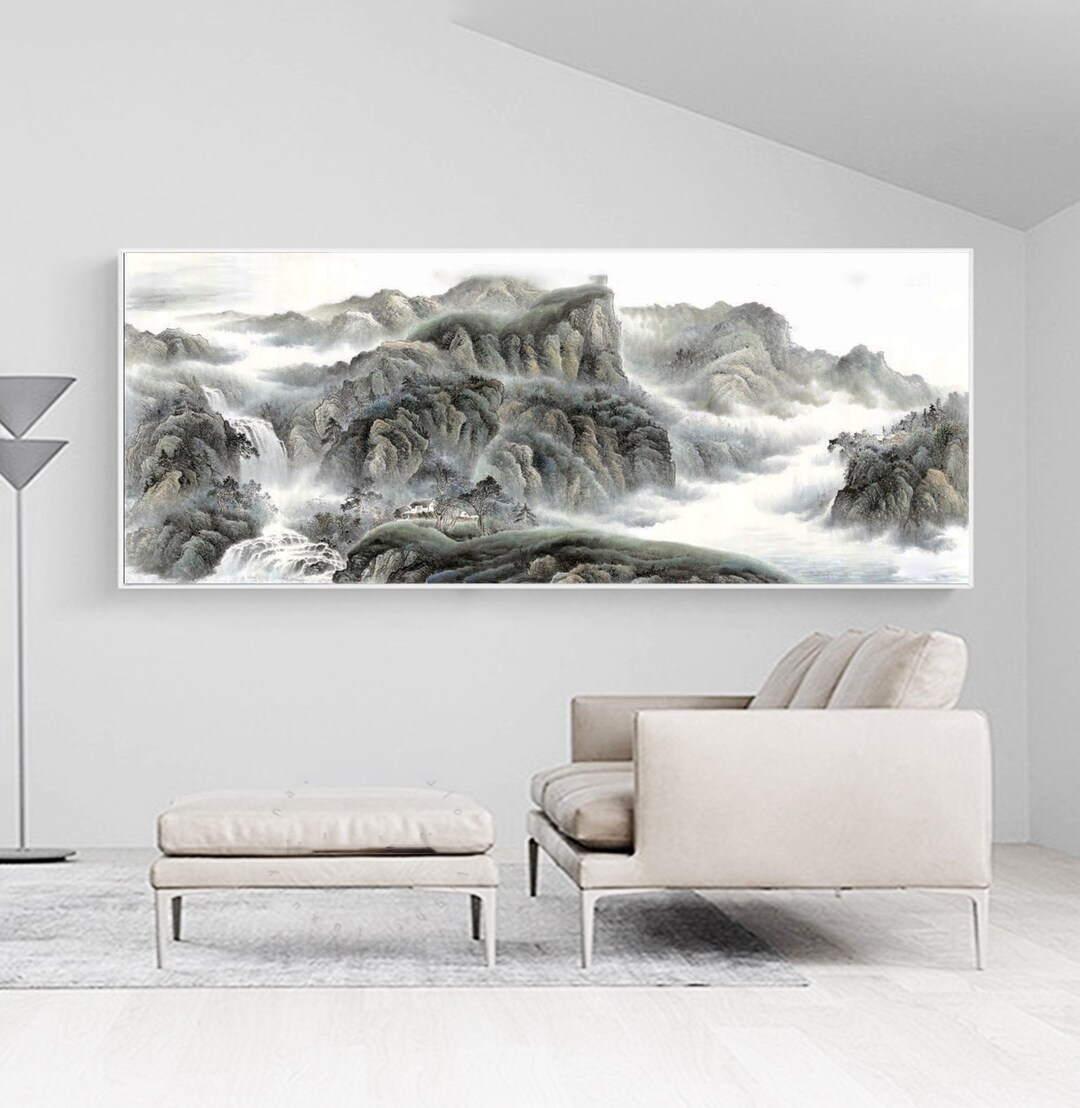 Dwelling on Mountaintop, Extra Large Horizontal Mountains Art, Feng ...