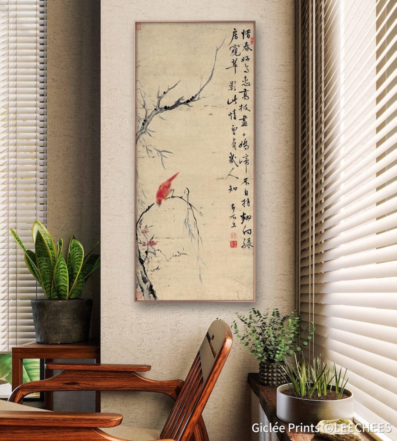 East Asian Zen Art, Minimal Little Red Bird and Willow Art, Ancient ...