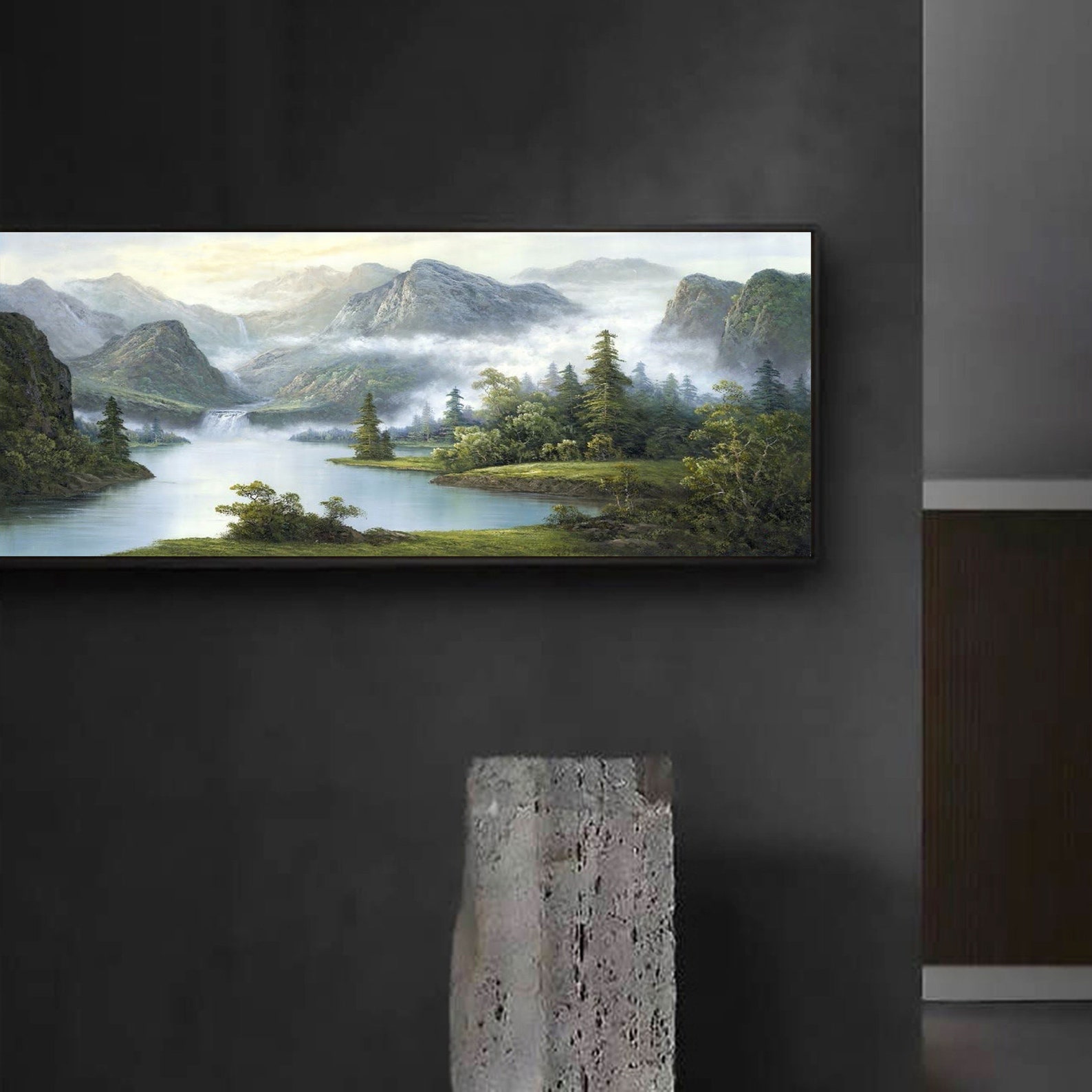 Misty Forests and Mountains, Large Natural Scenery Art, Wide Water Area ...