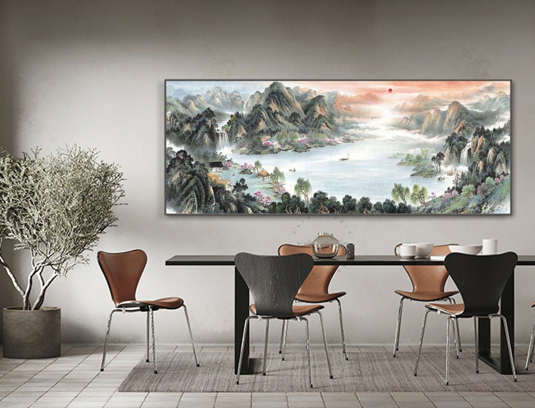 Chinese Traditional Feng Shui Landscape Painting, Rosy Clouds of Dawn ...