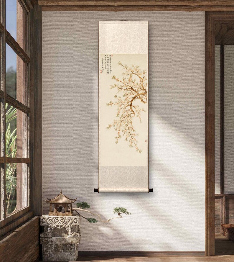 Peach Blossoms, Minimal Boneless Tree Flower Painting Print, Vertical ...