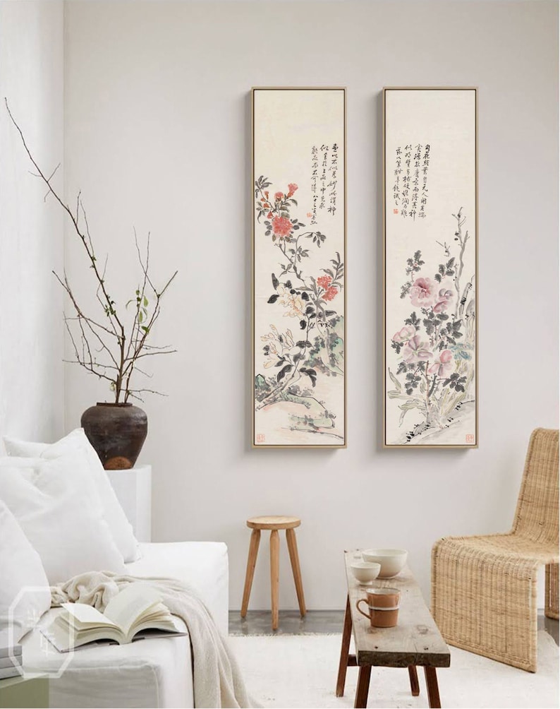 Classic Long Slender Vertical Chinese Style Botanic Painting, Long ...