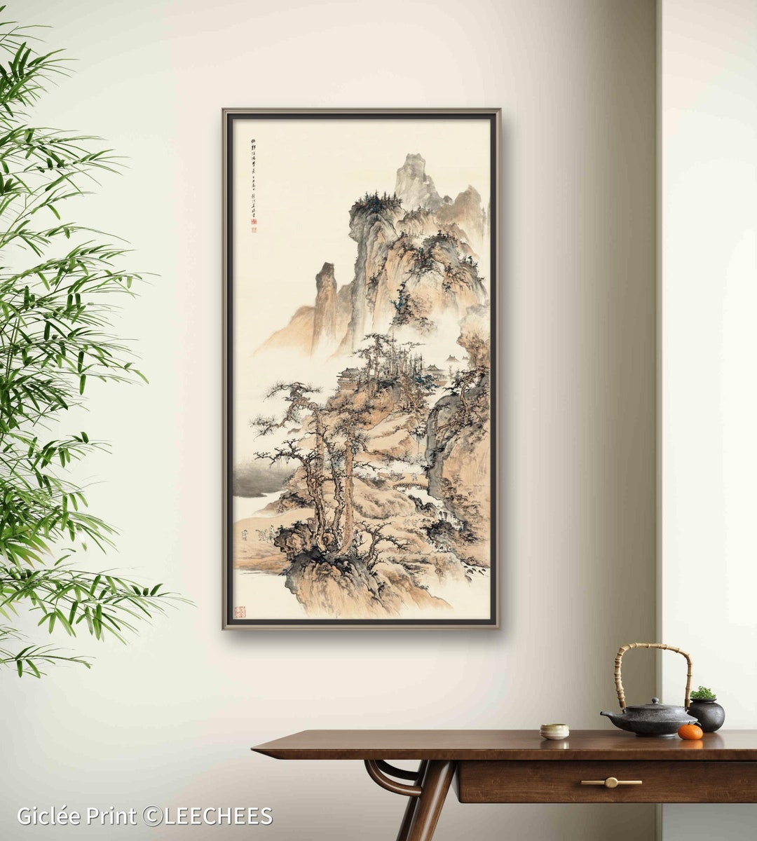 Warm Beige Color Mountain Landscape Painting, Chinese Ancient Literati ...