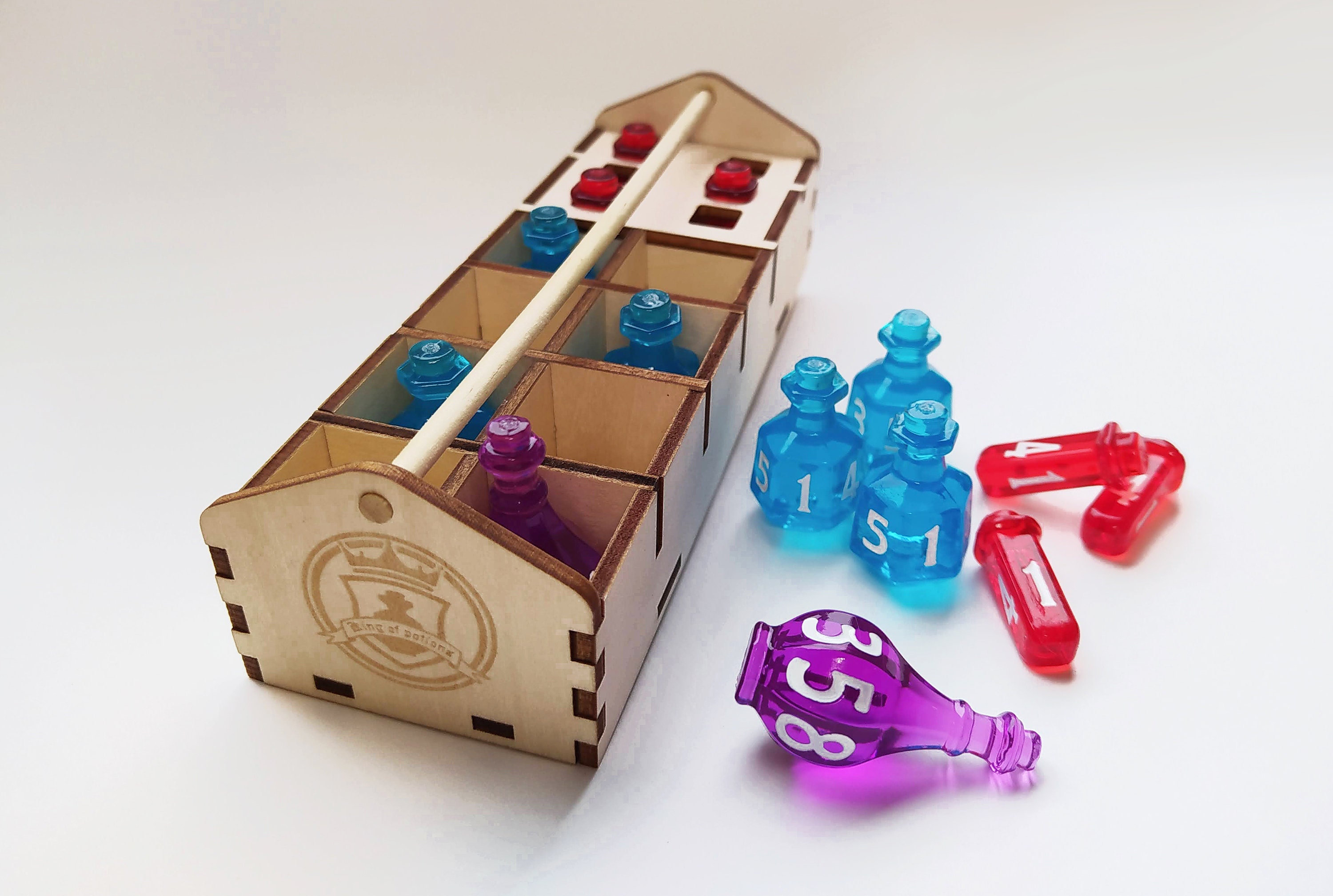 King of Potions D4 D6 D8 and Wood Carrier Dice Set - Etsy