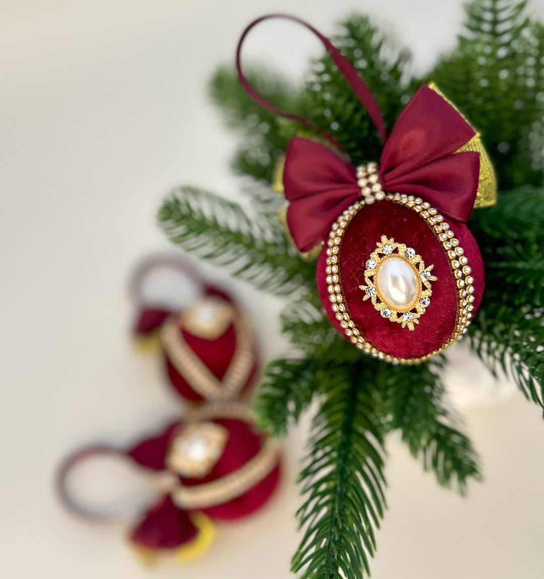 Burgundy Velvet Christmas Baubles: Handmade Rhinestone Ornament Set - Etsy