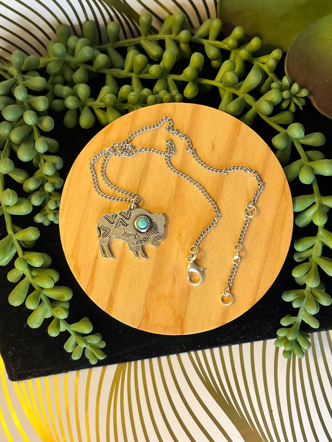 Etched Silver and Turquoise Bison Pendant Necklace, Southwest Necklace ...