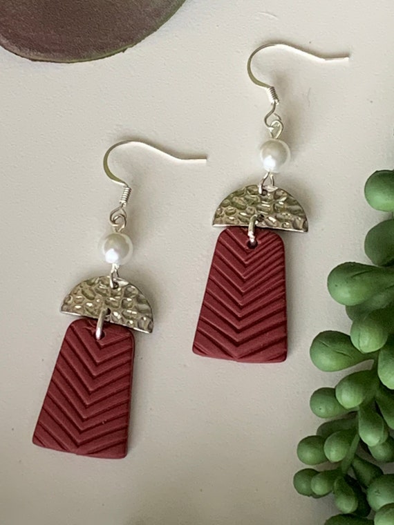 Stacked Half Moon and Rectangle Drop Earrings Maroon - Etsy