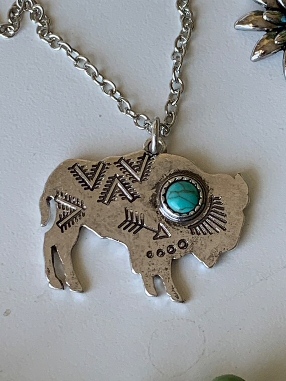 Etched Silver and Turquoise Bison Pendant Adjustable Necklace - Etsy