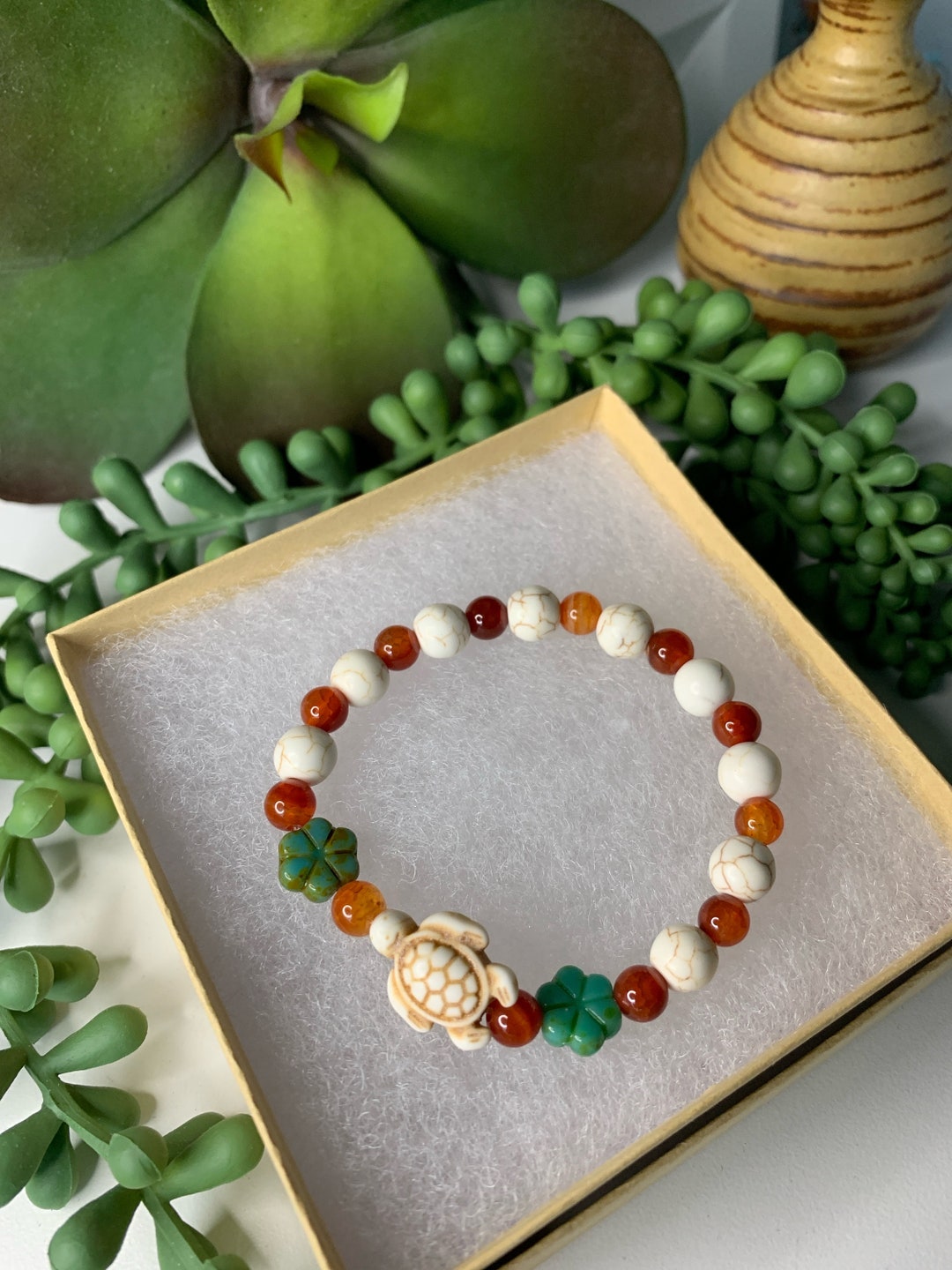 Carnelian and Howlite Beaded Ceramic Turtle Bracelet, Carnelian and ...