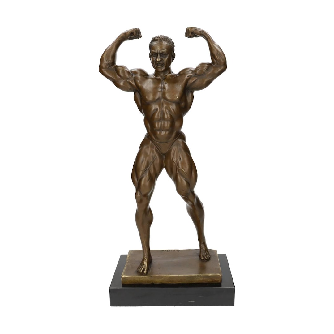 Bronze Bodybuilder Sculpture Arms Raised in Powerful Pose to Showcase ...