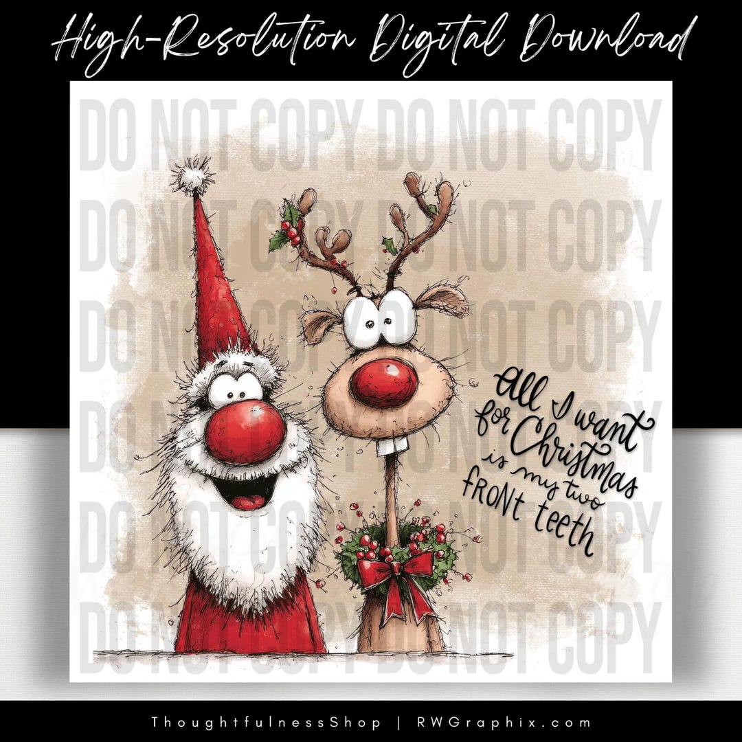 Funny Christmas PNG, Two Front Teeth Clipart, Quirky Santa and Reindeer ...