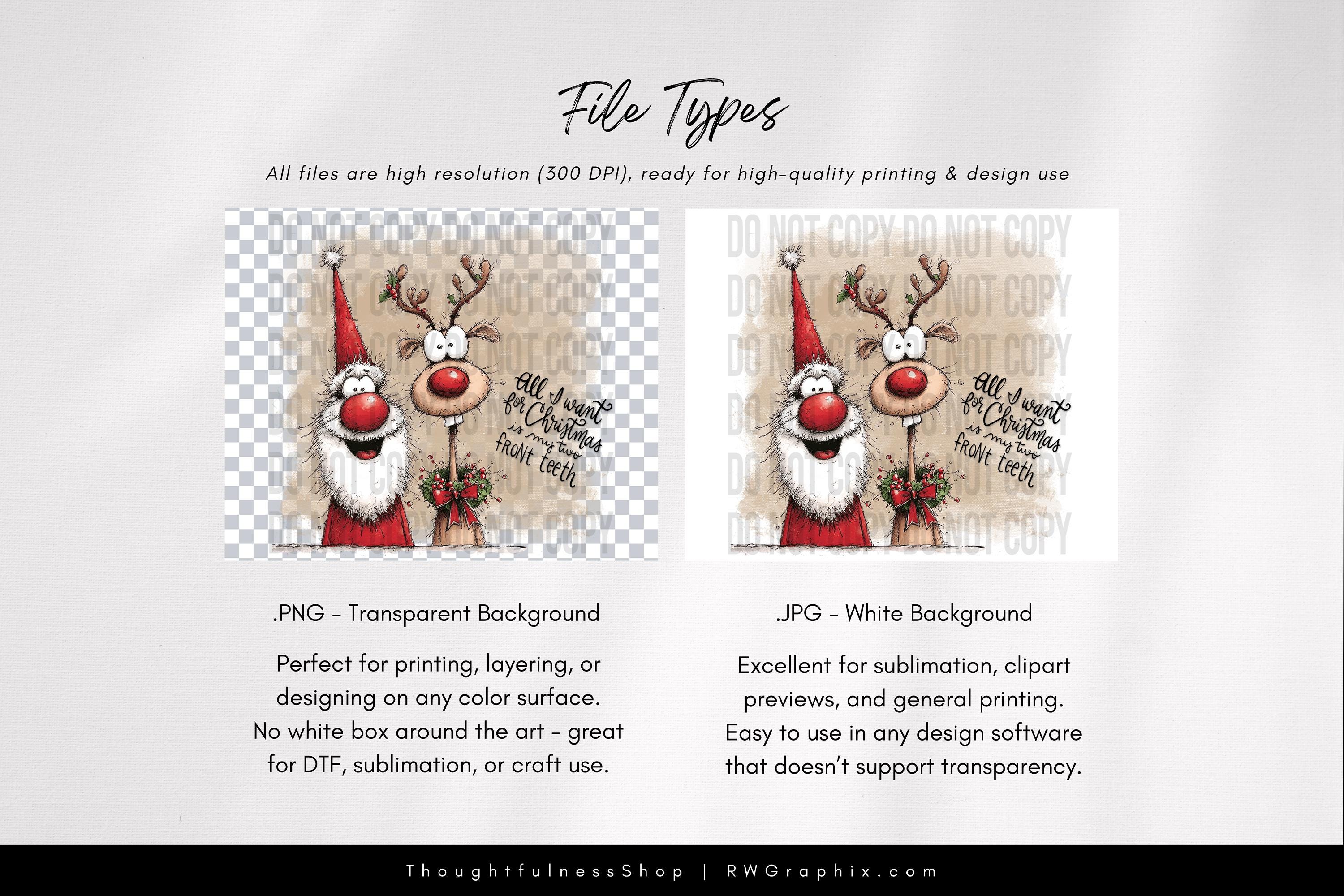 Funny Christmas PNG, Two Front Teeth Clipart, Quirky Santa and Reindeer ...
