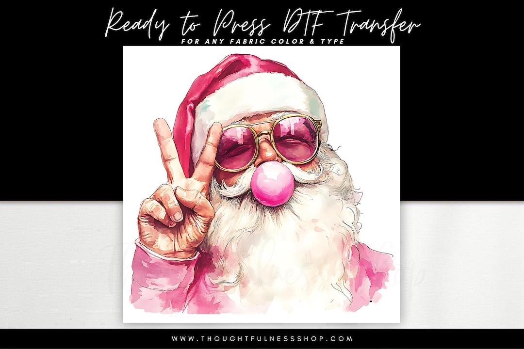 Ready to Press DTF Transfer, Retro Bubble Gum Santa, Pink Christmas ...