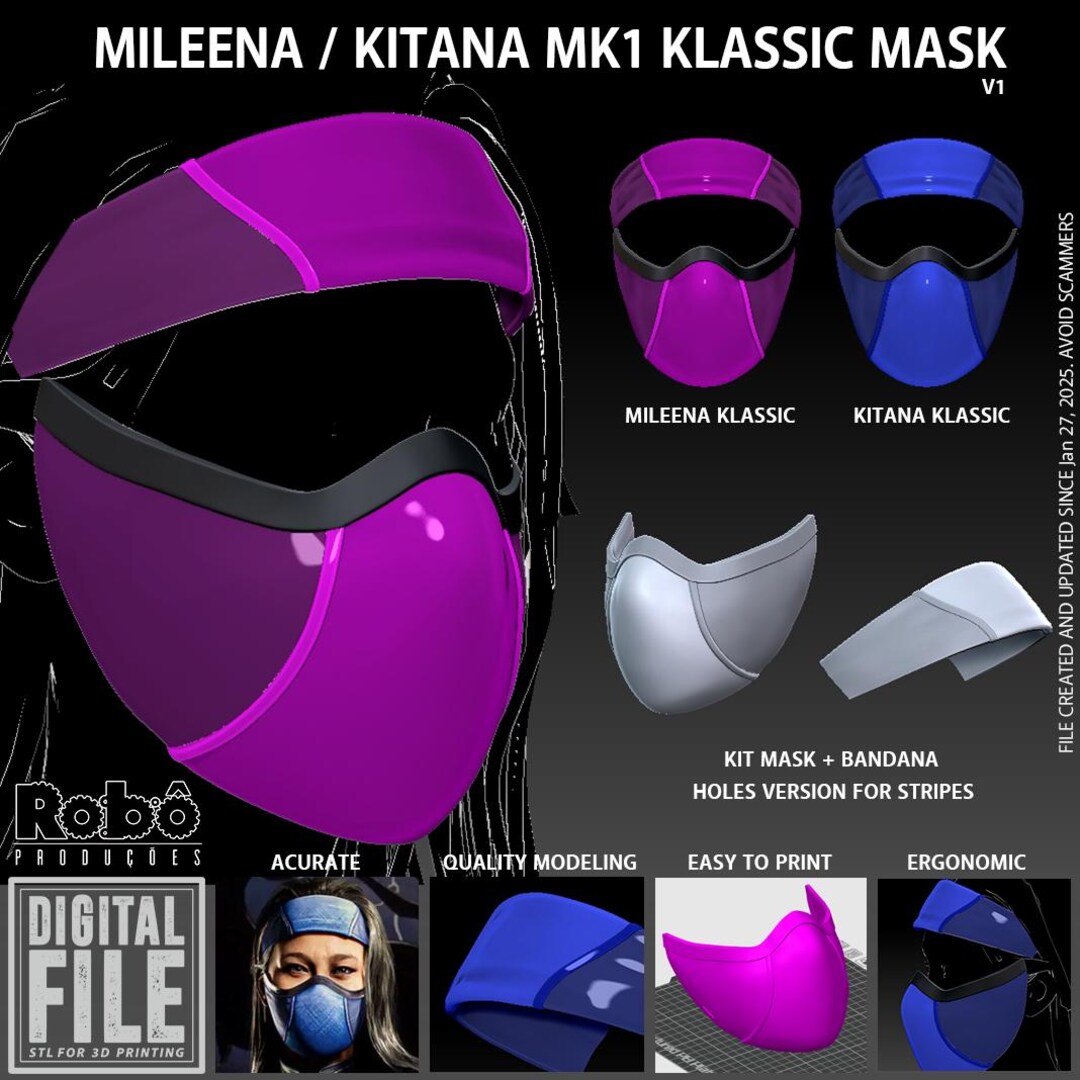Mortal Kombat Mileena Kitana Klassic Mask + Bandana Cosplay - MK1 - 3D ...