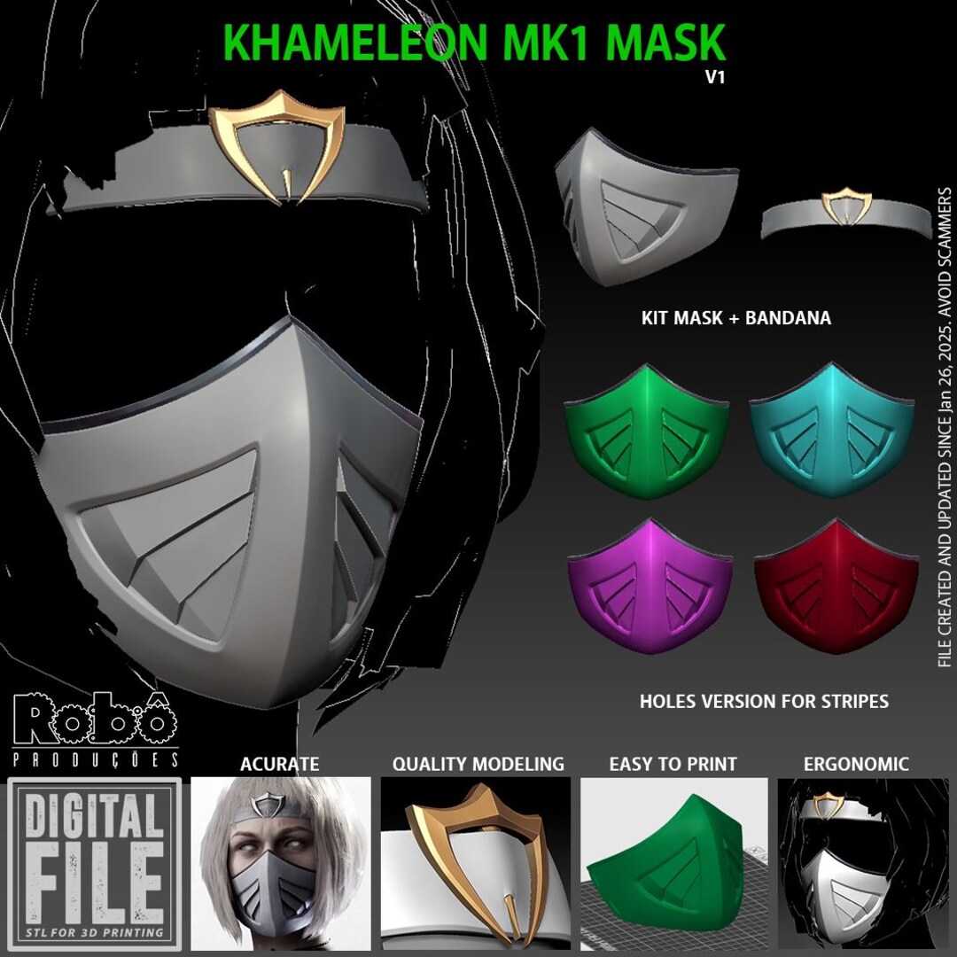 Mortal Kombat Khameleon Mask + Bandana Cosplay - MK1 - 3D Model STL ...