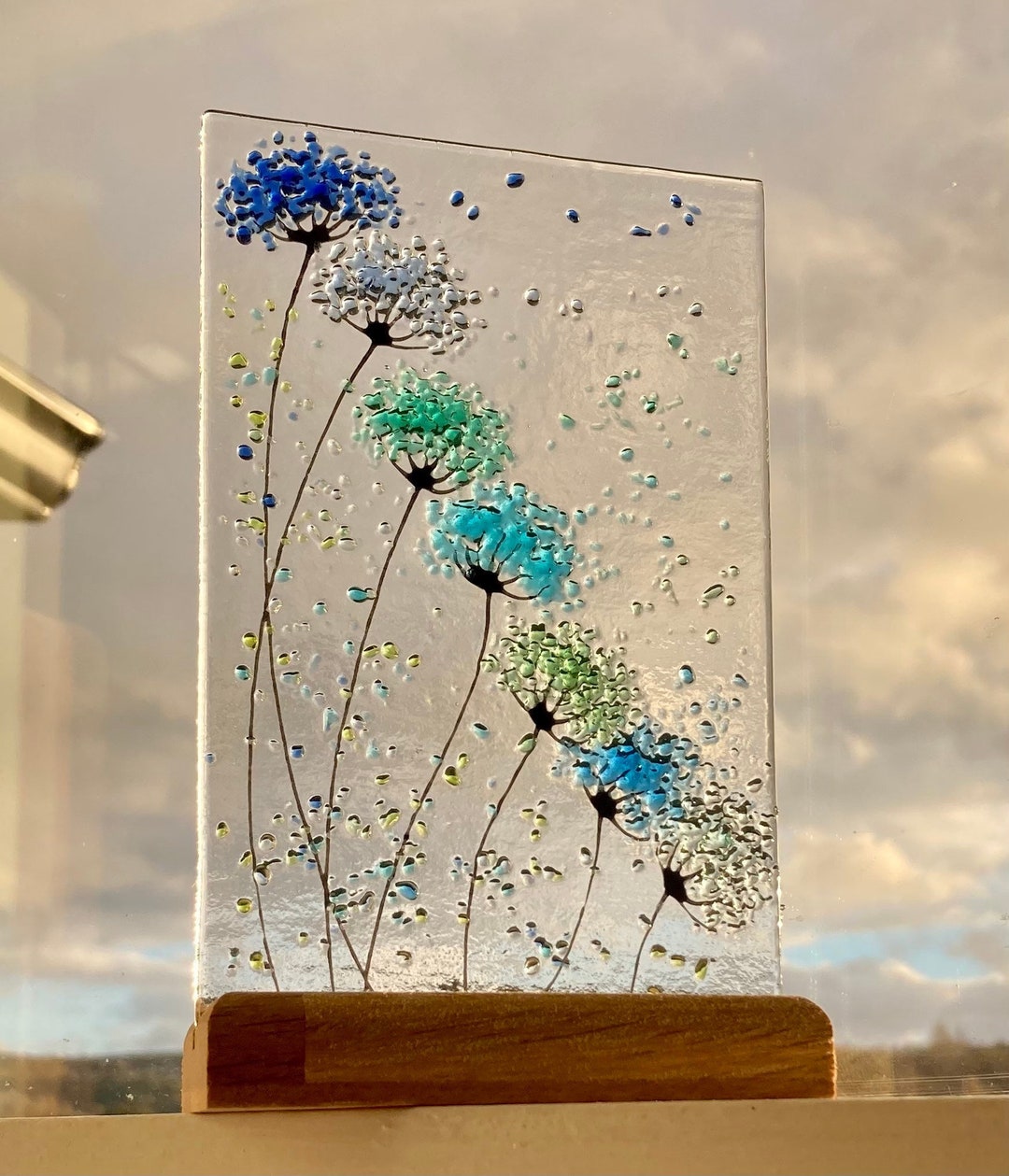 Whimsical Blue Mix Flowers Fused Glass Art Picture Sun Catcher & Wooden ...