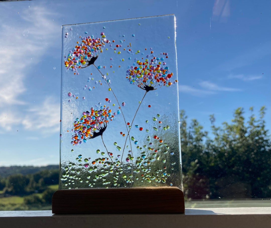 Whimsical Rainbow Flowers Fused Glass Art Picture Sun Catcher & Wooden ...
