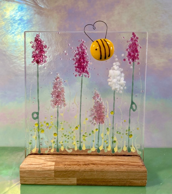 Small Bumblebee and Pink Flower Meadow Fused Glass Picture & | Etsy