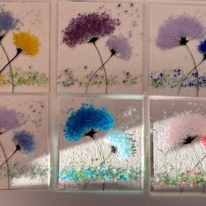 Small Whimsical Twin Flowers Fused Glass Art Picture With Oak Stand 4 X ...