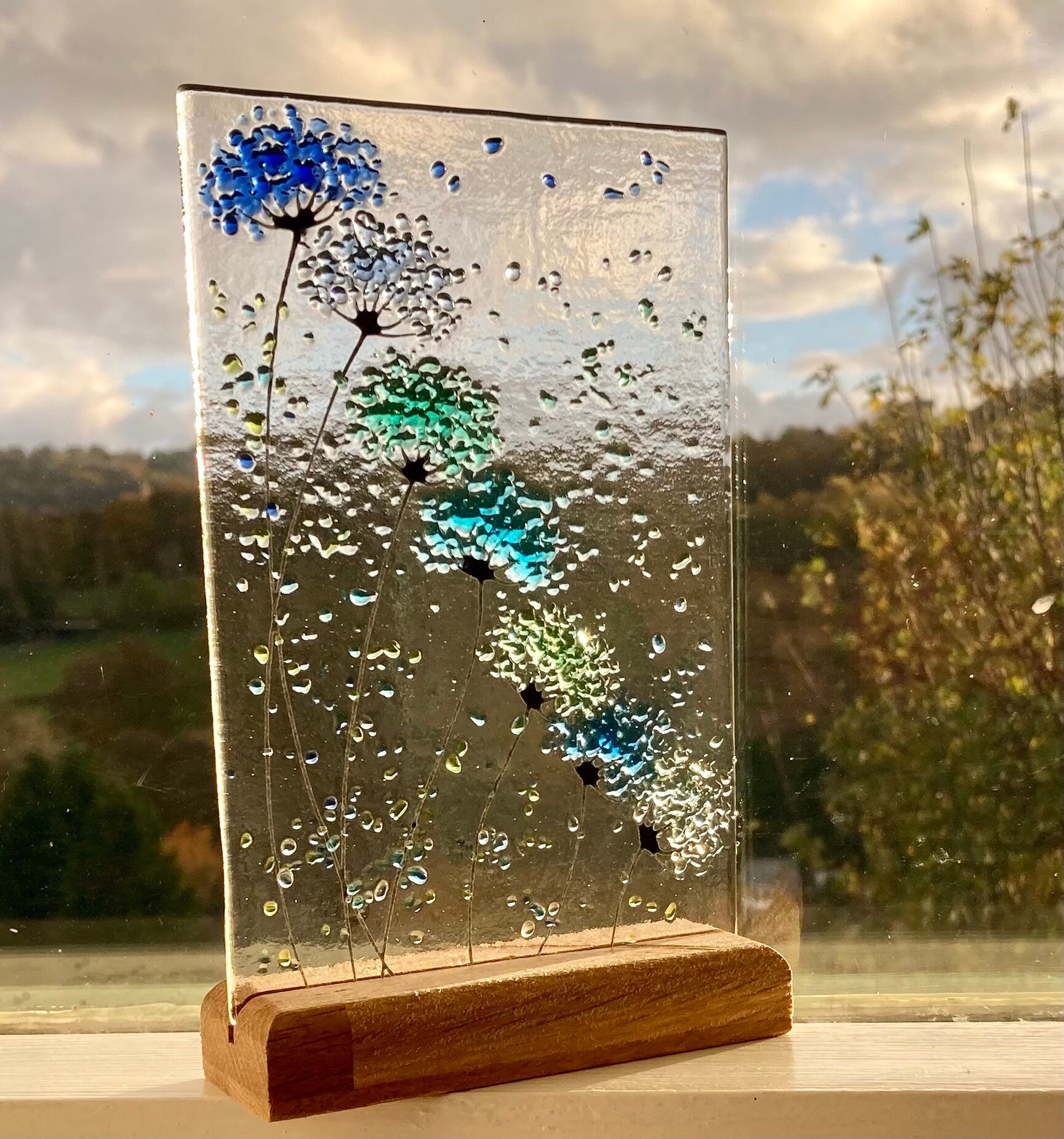 Whimsical Blue Mix Flowers Fused Glass Art Picture Sun Catcher & Wooden ...