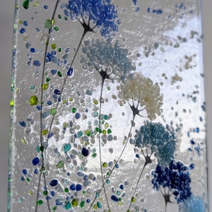 Whimsical Flowers Fused Glass Art Picture Sun Catcher & Wooden Display ...