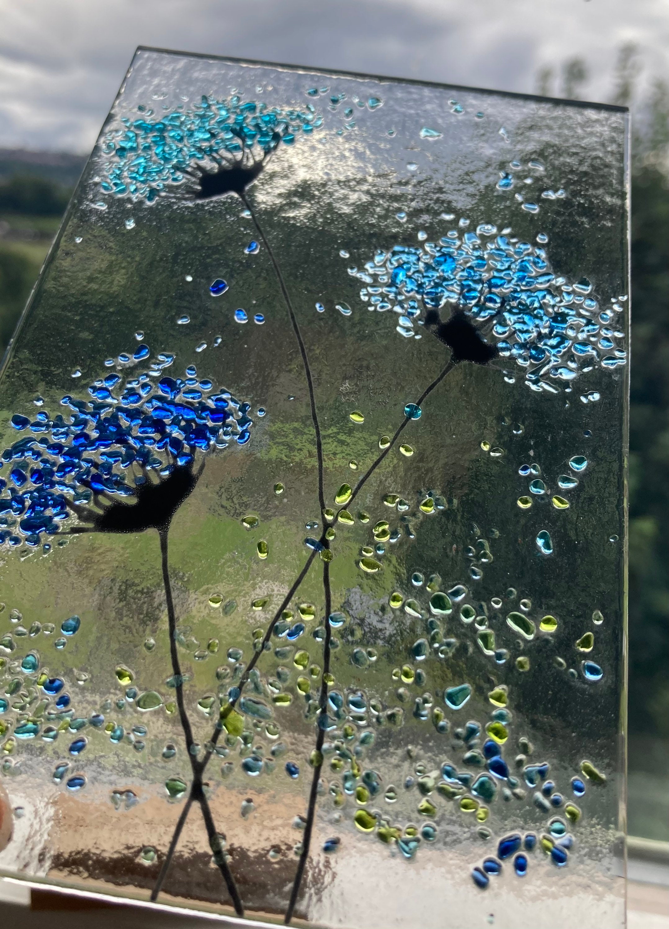 Whimsical Blue Flowers Fused Glass Art Picture Sun Catcher & Wooden ...