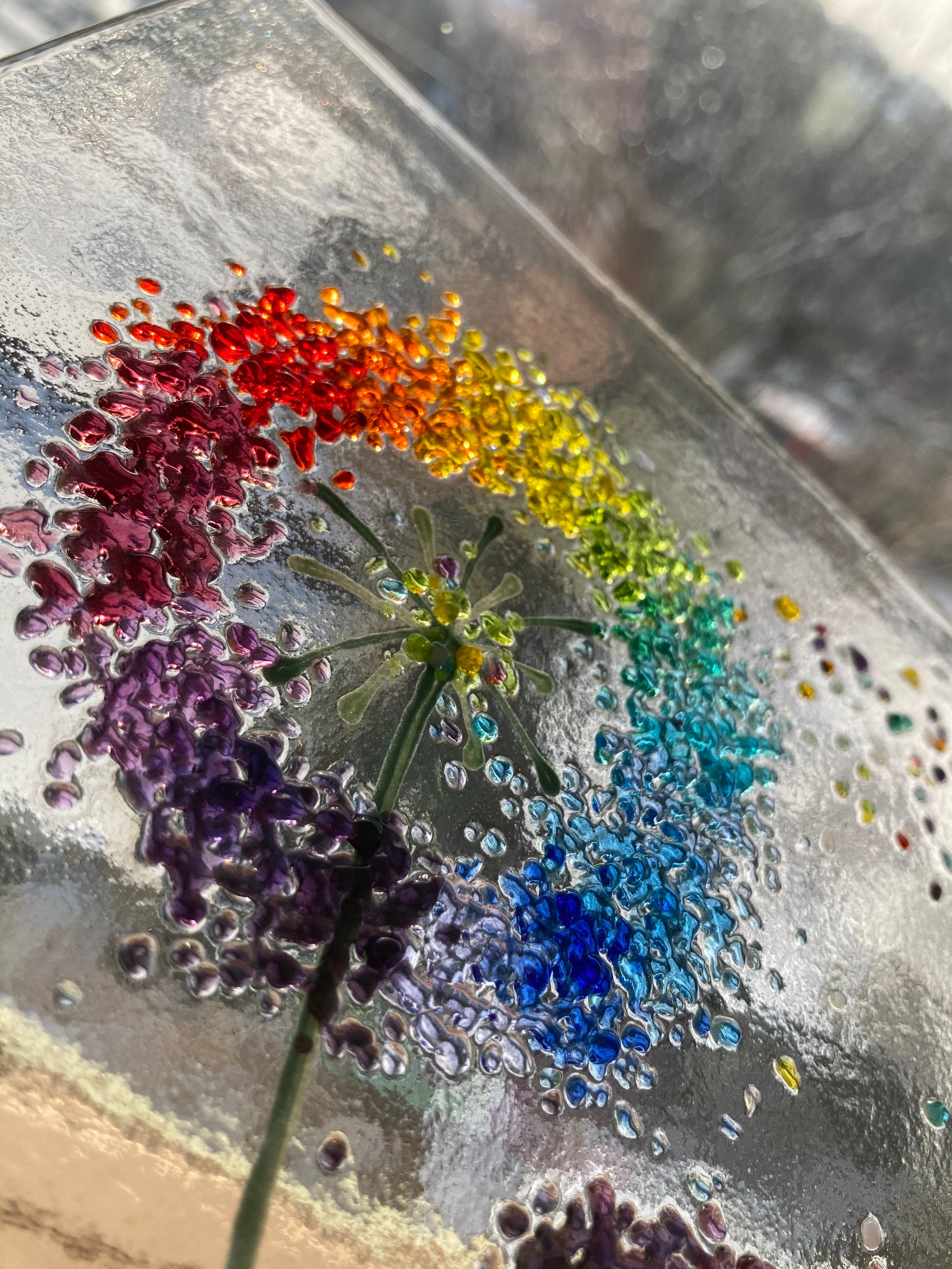 Large Cheerful Rainbow Allium Flower fused glass Art Picture | Etsy
