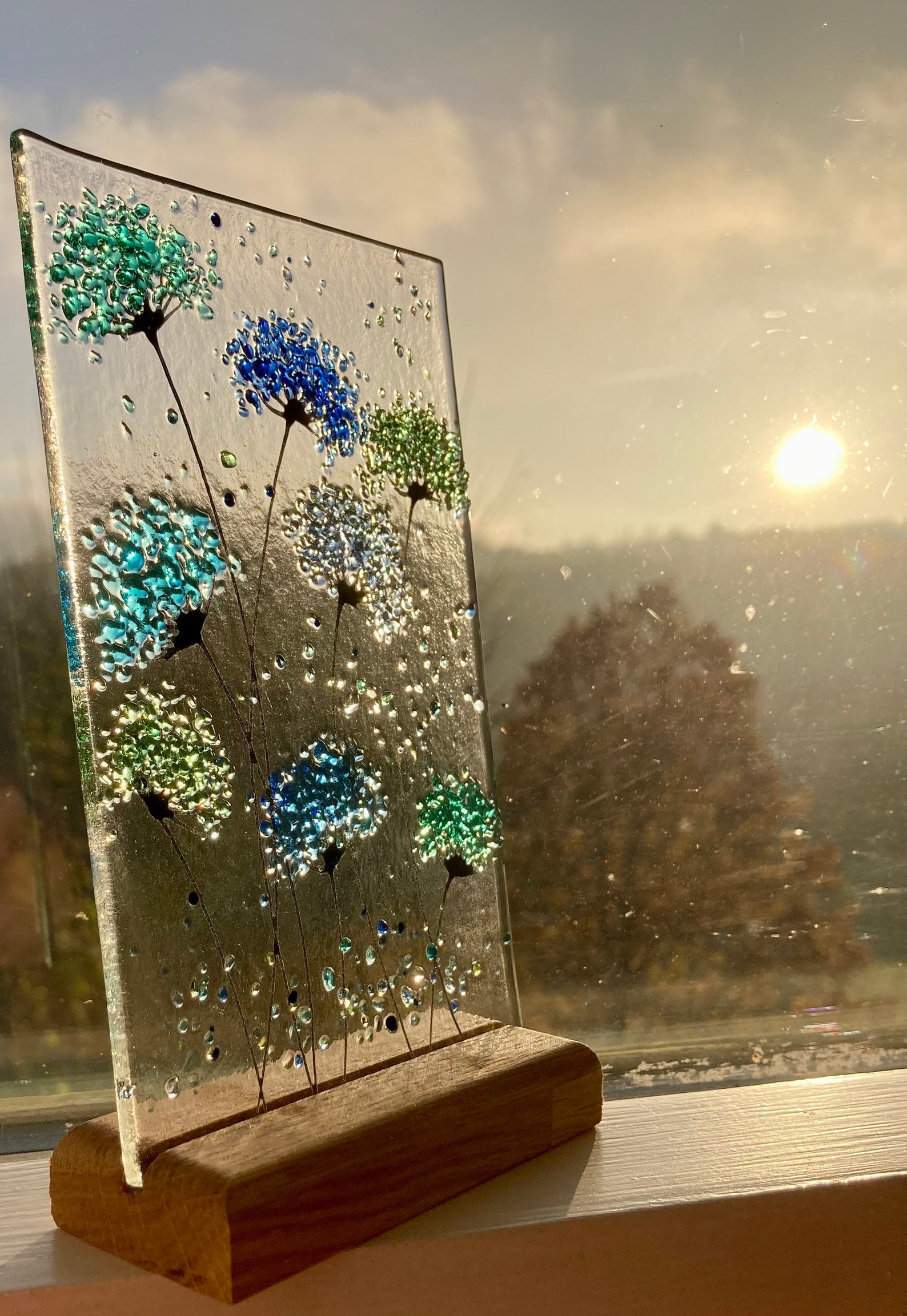 Blues Whimsical Flower Fused Glass Art Picture Sun Catcher & Wooden ...