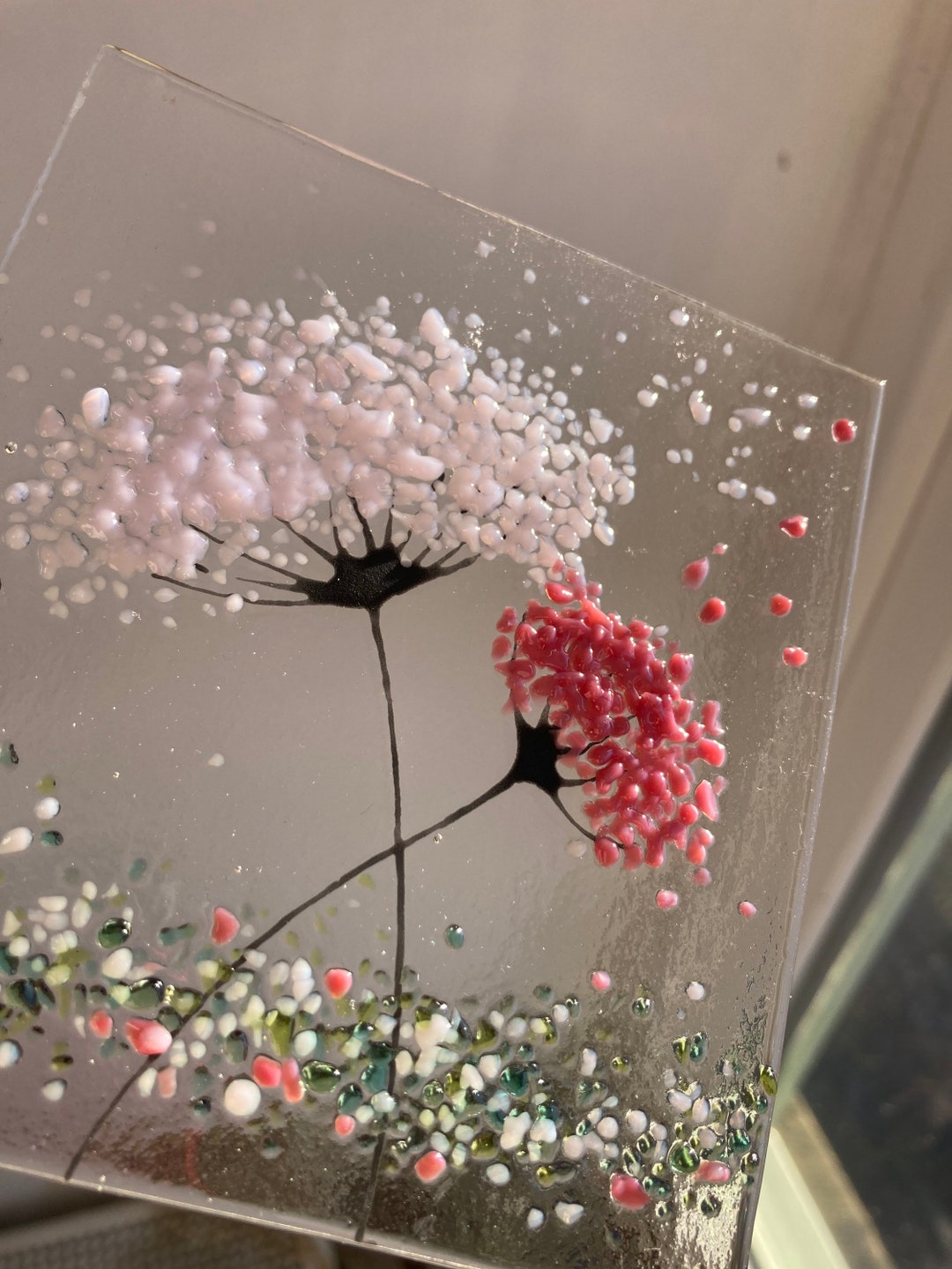 Small Whimsical Twin Flowers Fused Glass Art Picture With Oak Stand 4 X ...