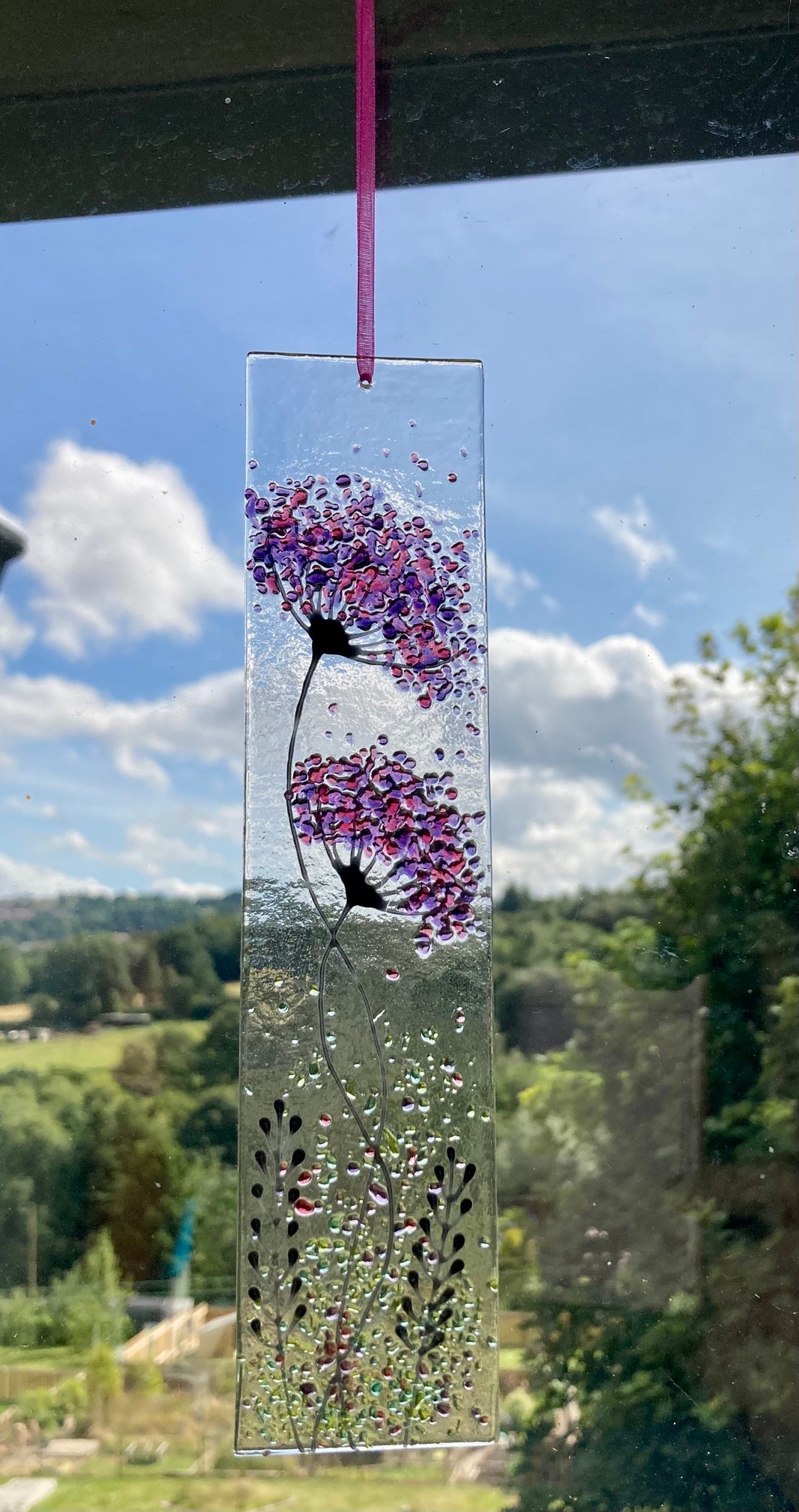 Fused Glass Whimsical Jewel Twin Flowers Sun Catcher 7.25” / 18cm Long ...