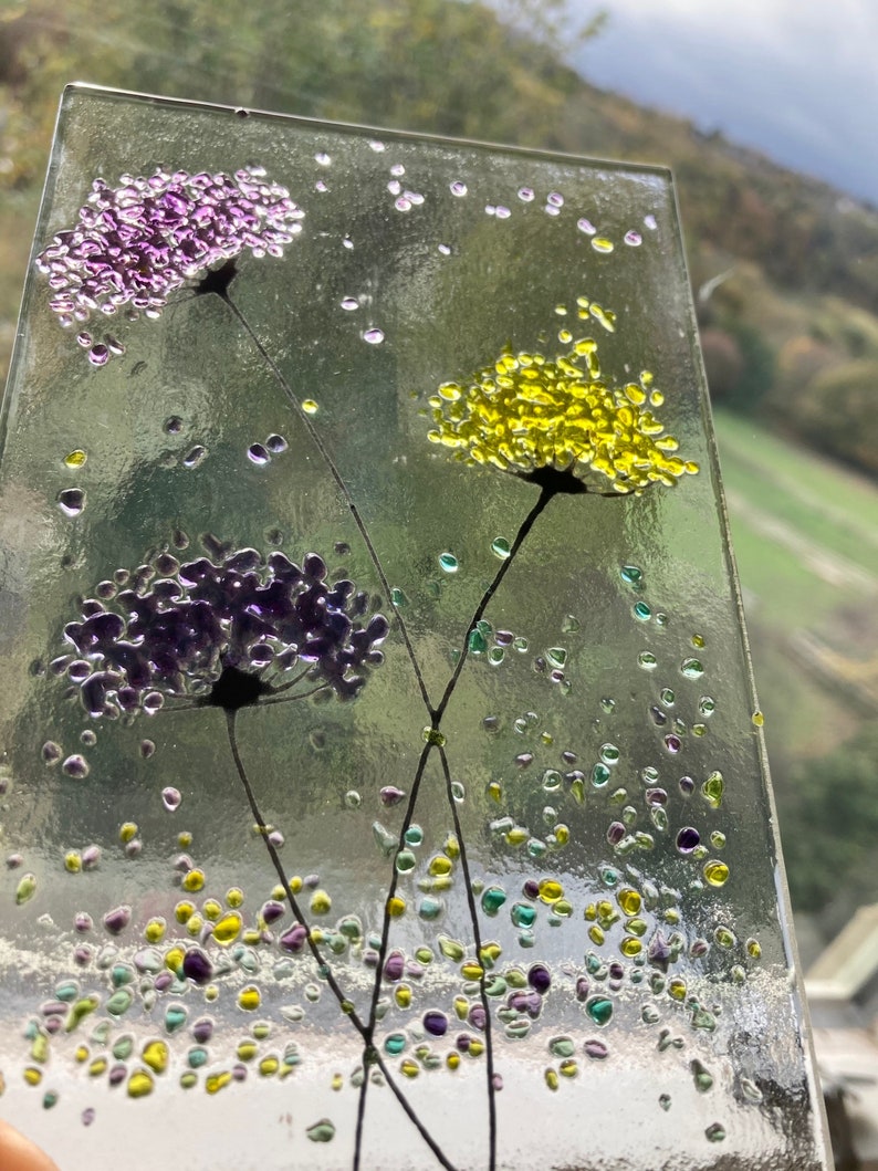 Three Whimsical Flowers Fused Glass Art Picture Sun Catcher & Wooden ...