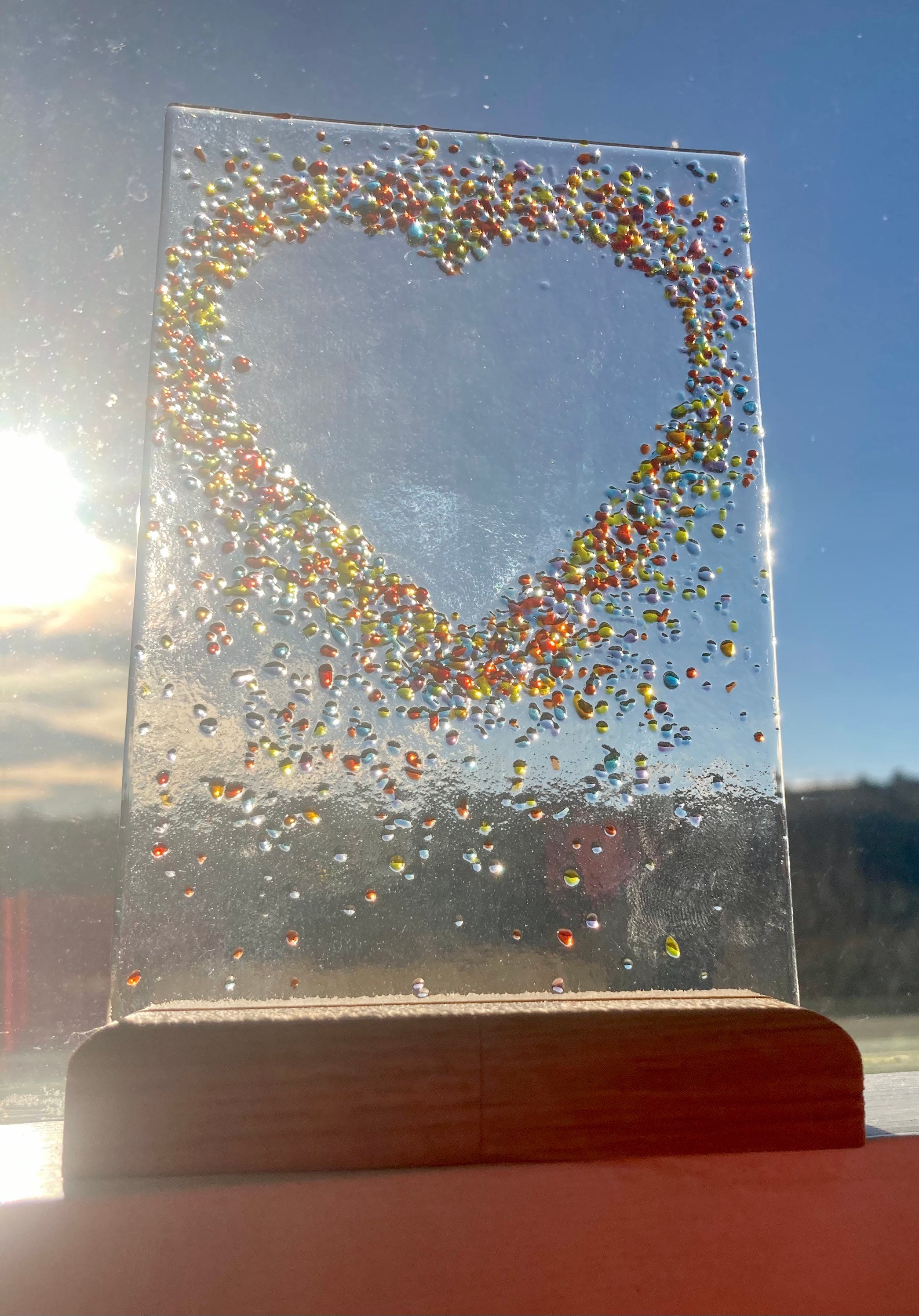 Jewelled Love Heart Fused Glass Art Picture With Oak Stand - Etsy