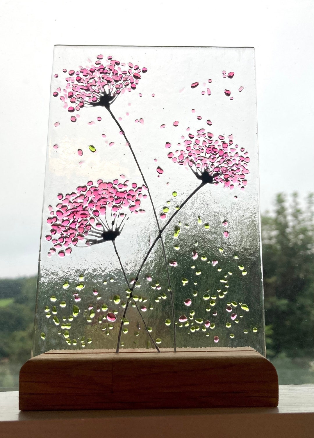 Pink Whimsical Flower Fused Glass Art Picture Sun Catcher & Wooden ...