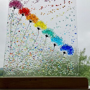 Whimsical Bright Rainbow Flowers Fused Glass Art Picture Sun Catcher & Wooden Display Stand - Etsy