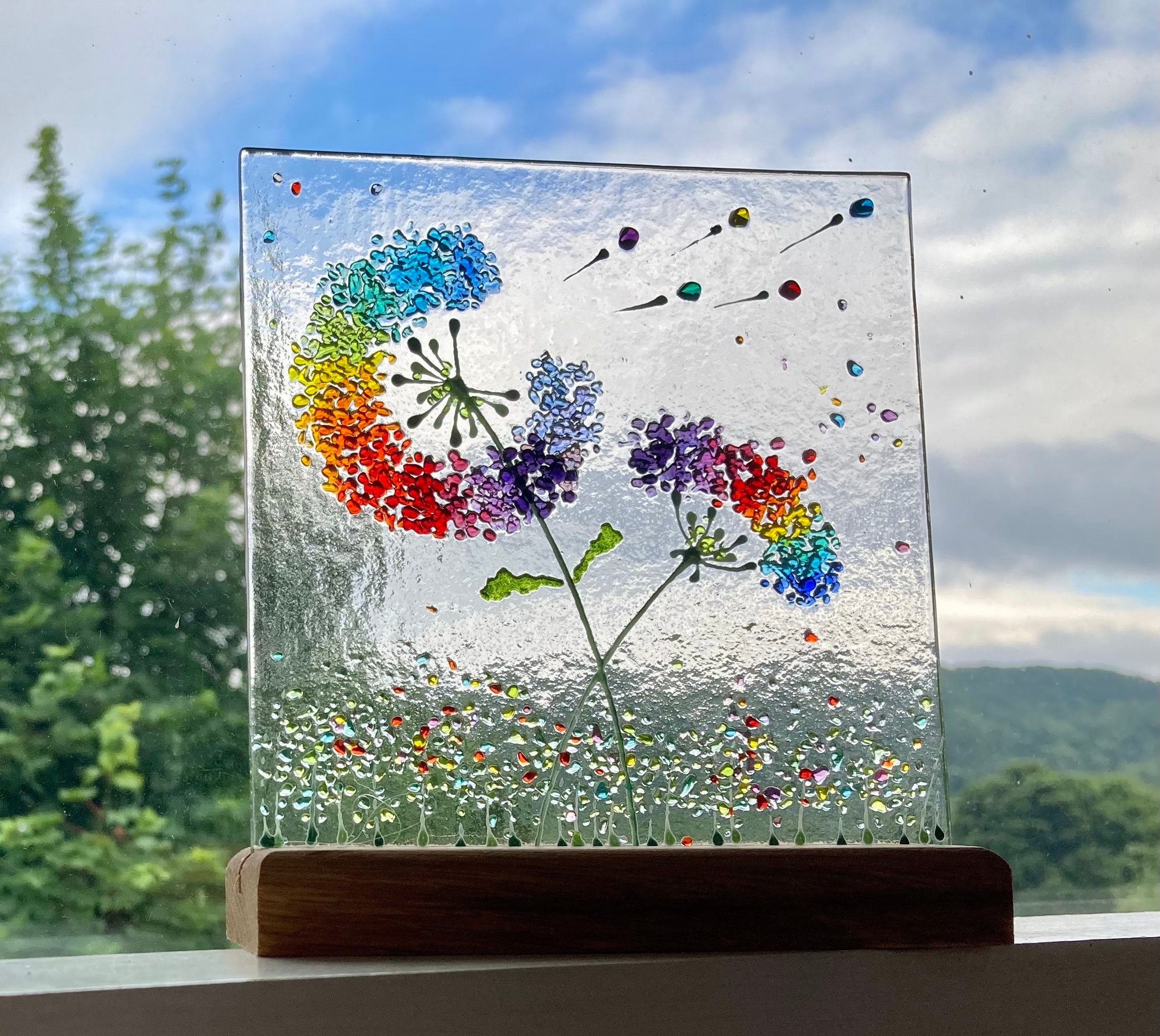 Make a Wish Rainbow Dandelion Clock Fused Glass Picture With Oak Stand ...