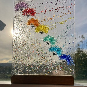 Whimsical Bright Rainbow Flowers Fused Glass Art Picture Sun Catcher & Wooden Display Stand - Etsy