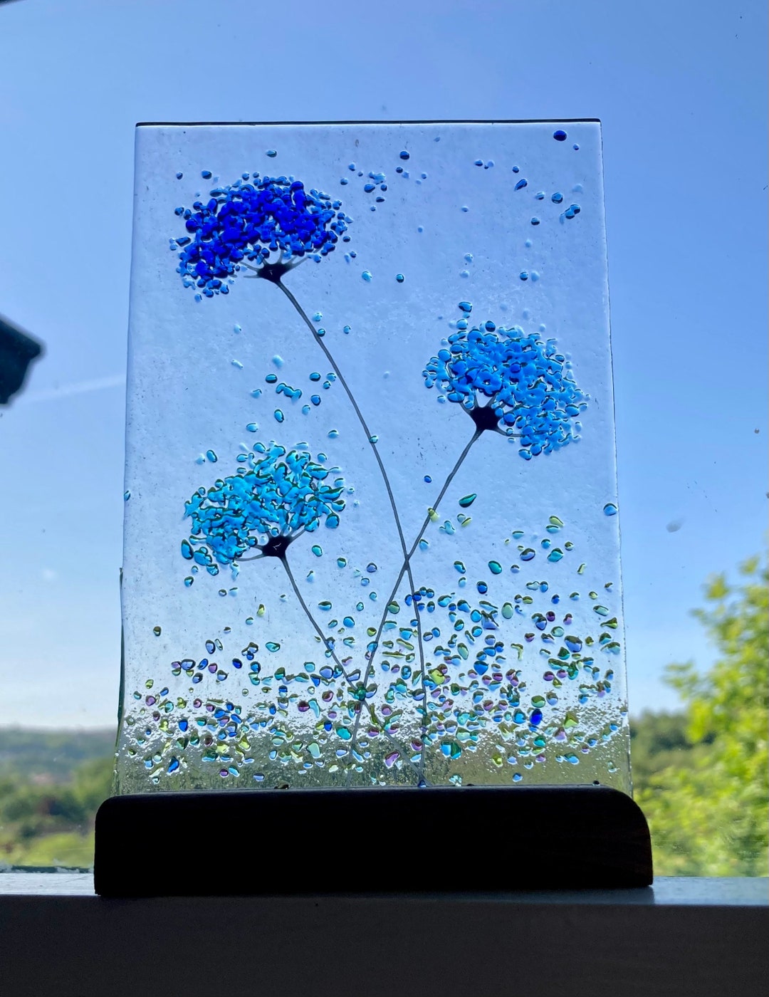 Whimsical Blue Flowers Fused Glass Art Picture Sun Catcher & Wooden ...